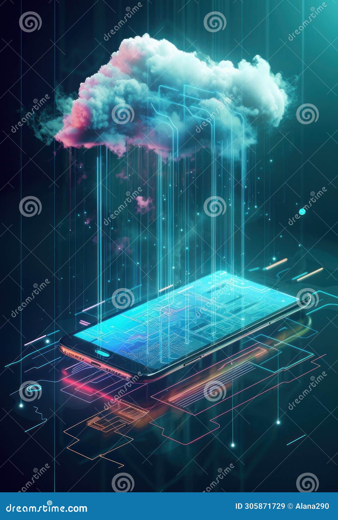 Futuristic Technology Concept, Cloud Computing Concept. Phone with Technological Interface and ...