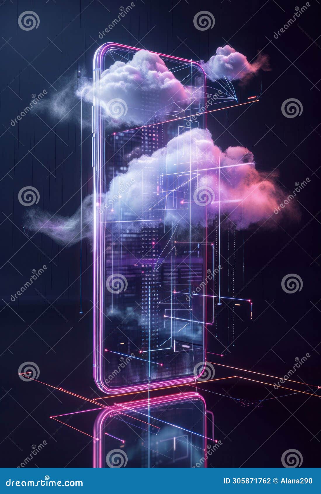 Futuristic Technology Concept, Cloud Computing Concept. Phone with Technological Interface and ...