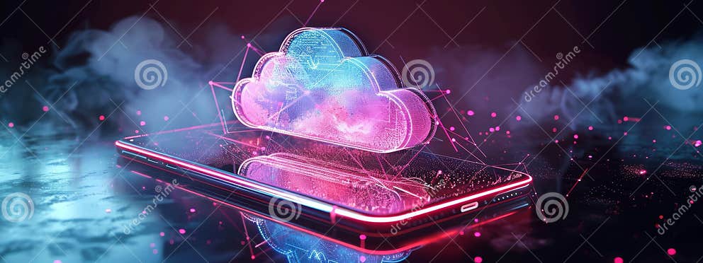Futuristic Technology Concept, Cloud Computing Concept. Phone with Technological Interface and ...