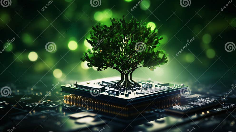 Futuristic Technology Integration with Nature: Tree Growing on Computer ...