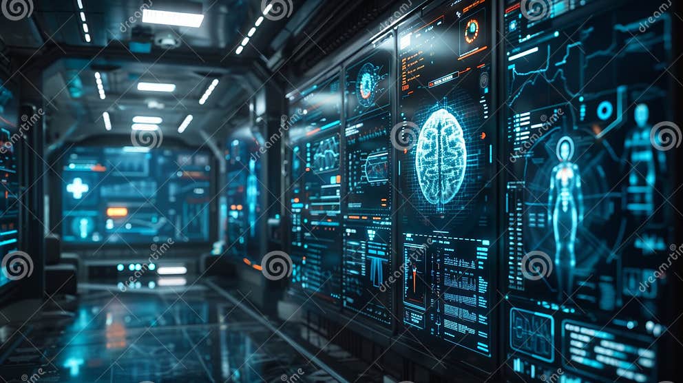 Futuristic Technology Interface with Digital Displays, Holographic Data ...
