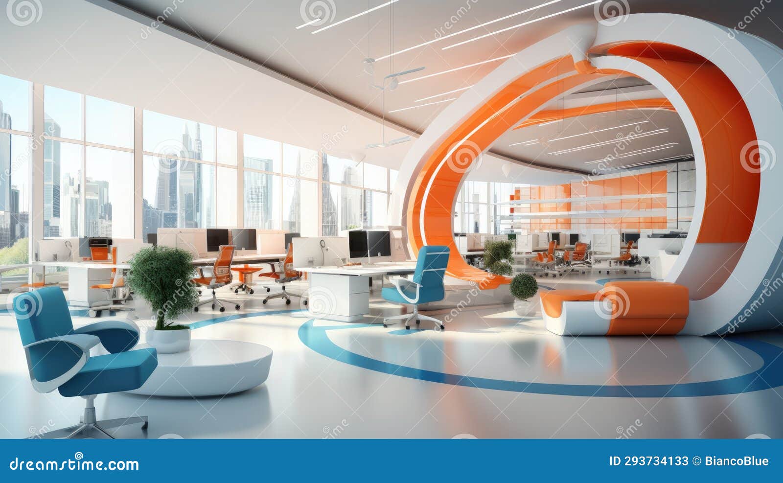 Futuristic Technology Open Space Office Interior Stock Illustration - Illustration of ...