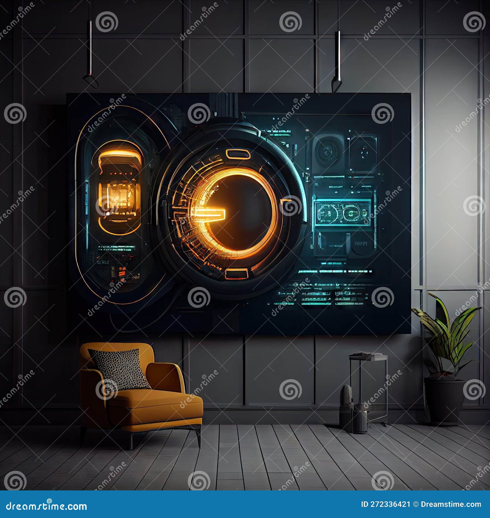 Futuristic Technology Panel on Wall in Dark Room with Sci-fi Futuristic ...