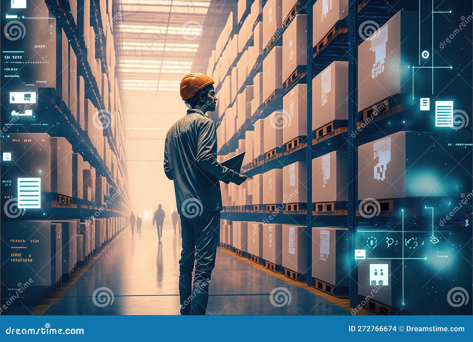 Futuristic Technology Retail Warehouse: Worker Doing Inventory Walks ...