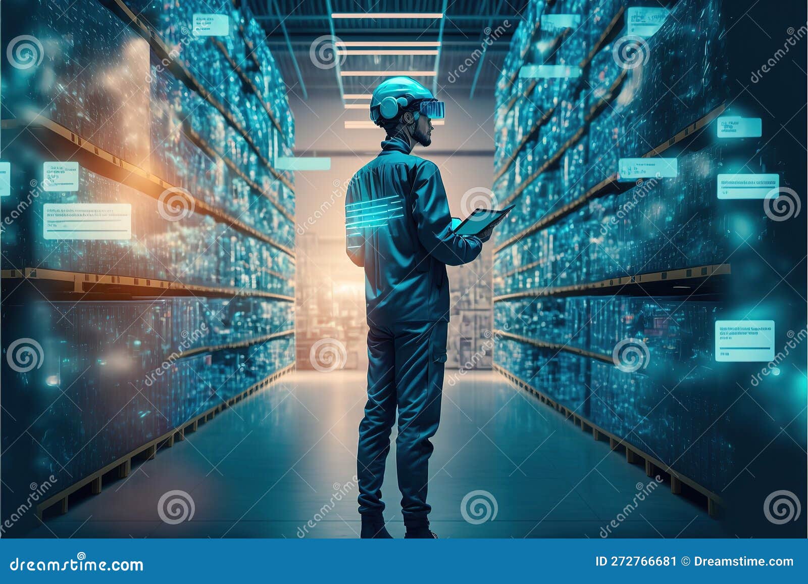 Futuristic Technology Retail Warehouse: Worker Doing Inventory Walks ...