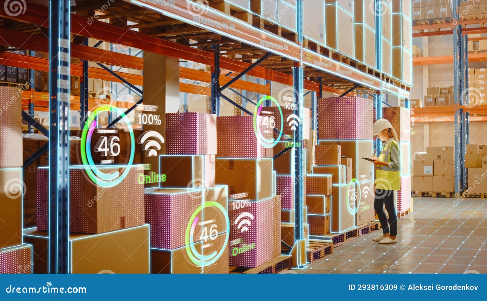 Futuristic Technology Retail Warehouse: Worker Starts Inventory ...