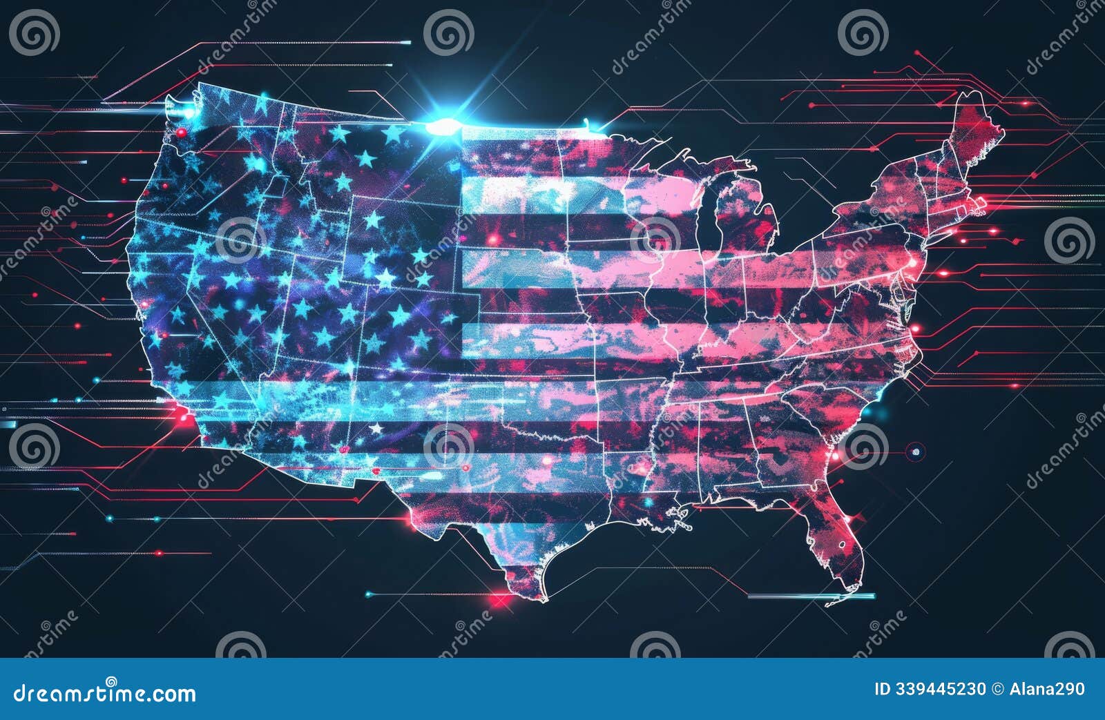Futuristic Technology USA Map with Flag Background and Glowing Lights ...