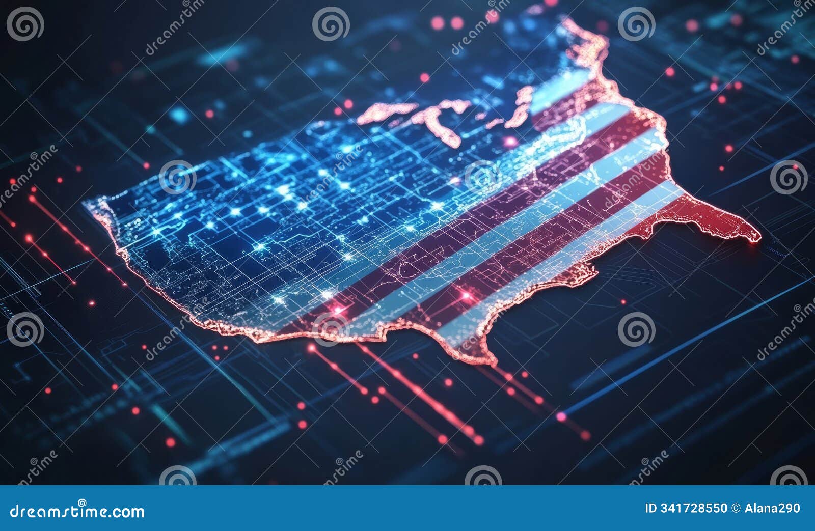 Futuristic Technology USA Map with Flag Background and Glowing Lights ...