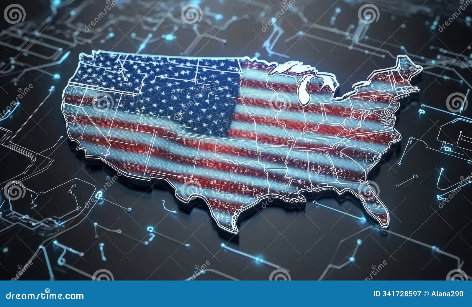Futuristic Technology USA Map with Flag Background and Glowing Lights ...