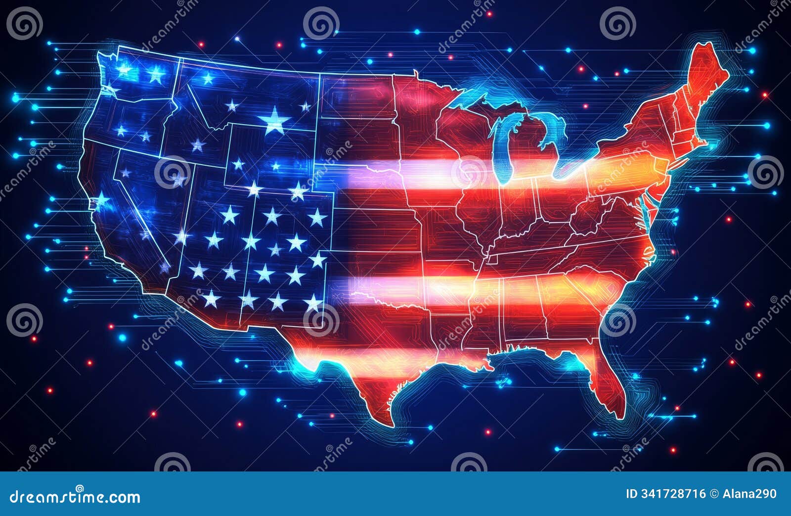 Futuristic Technology USA Map with Flag Background and Glowing Lights ...
