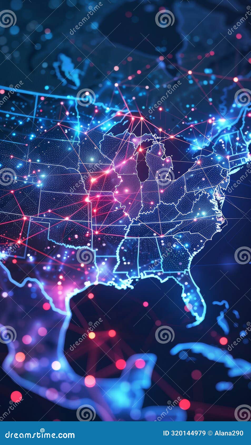 Futuristic Technology USA Map with Glowing Lights, Global Communication ...