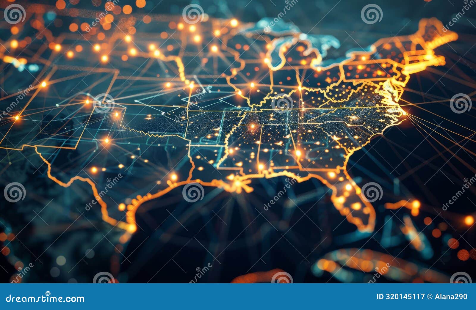 Futuristic Technology USA Map with Glowing Lights, Global Communication ...