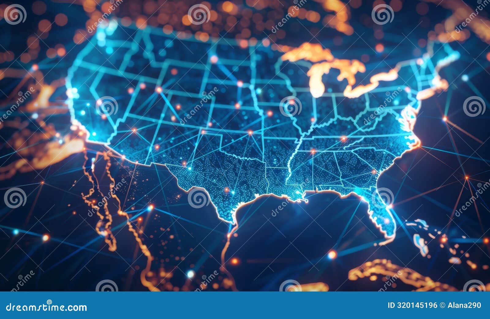 Futuristic Technology USA Map with Glowing Lights, Global Communication ...