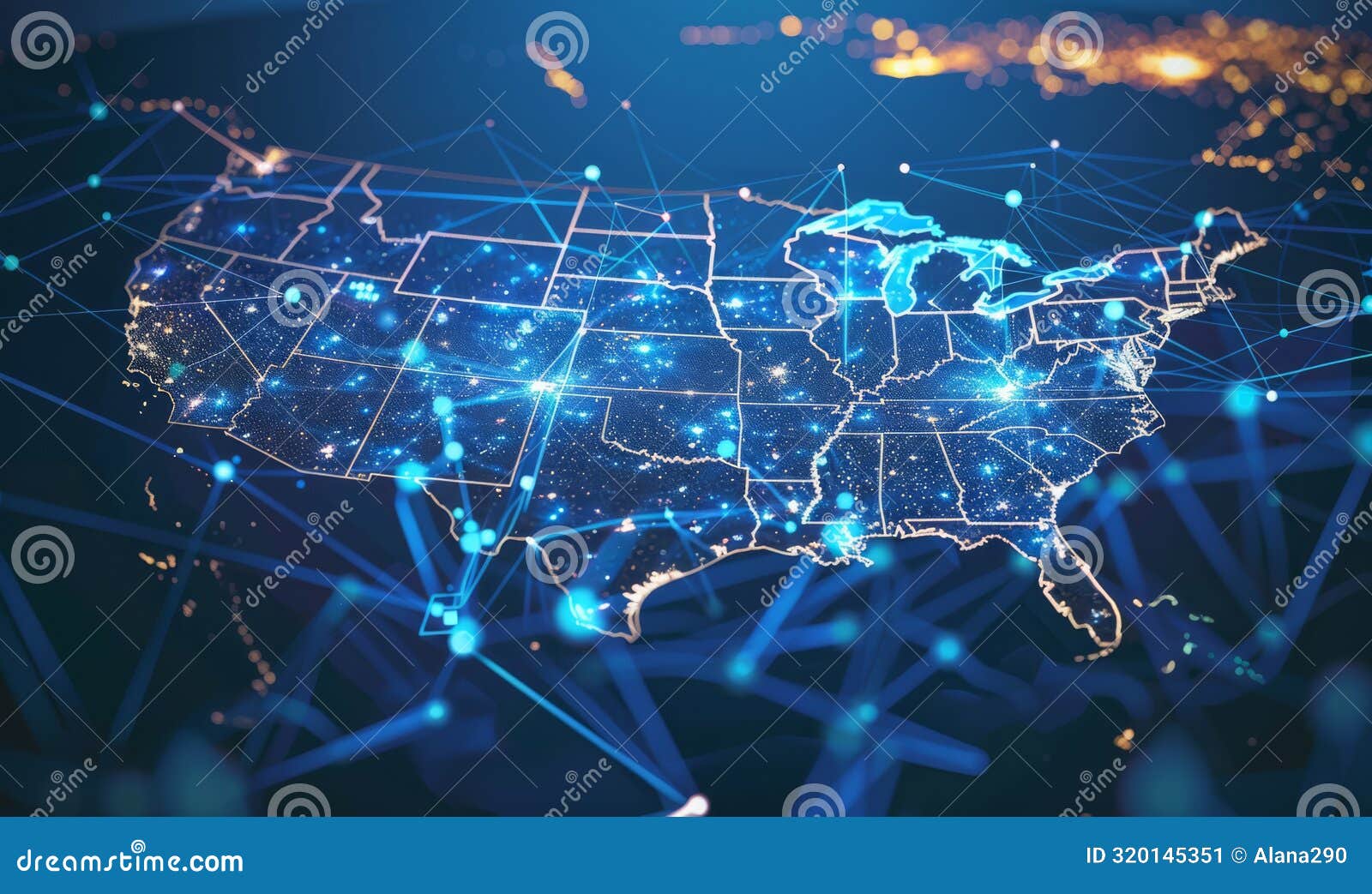 Futuristic Technology USA Map with Glowing Lights, Global Communication ...