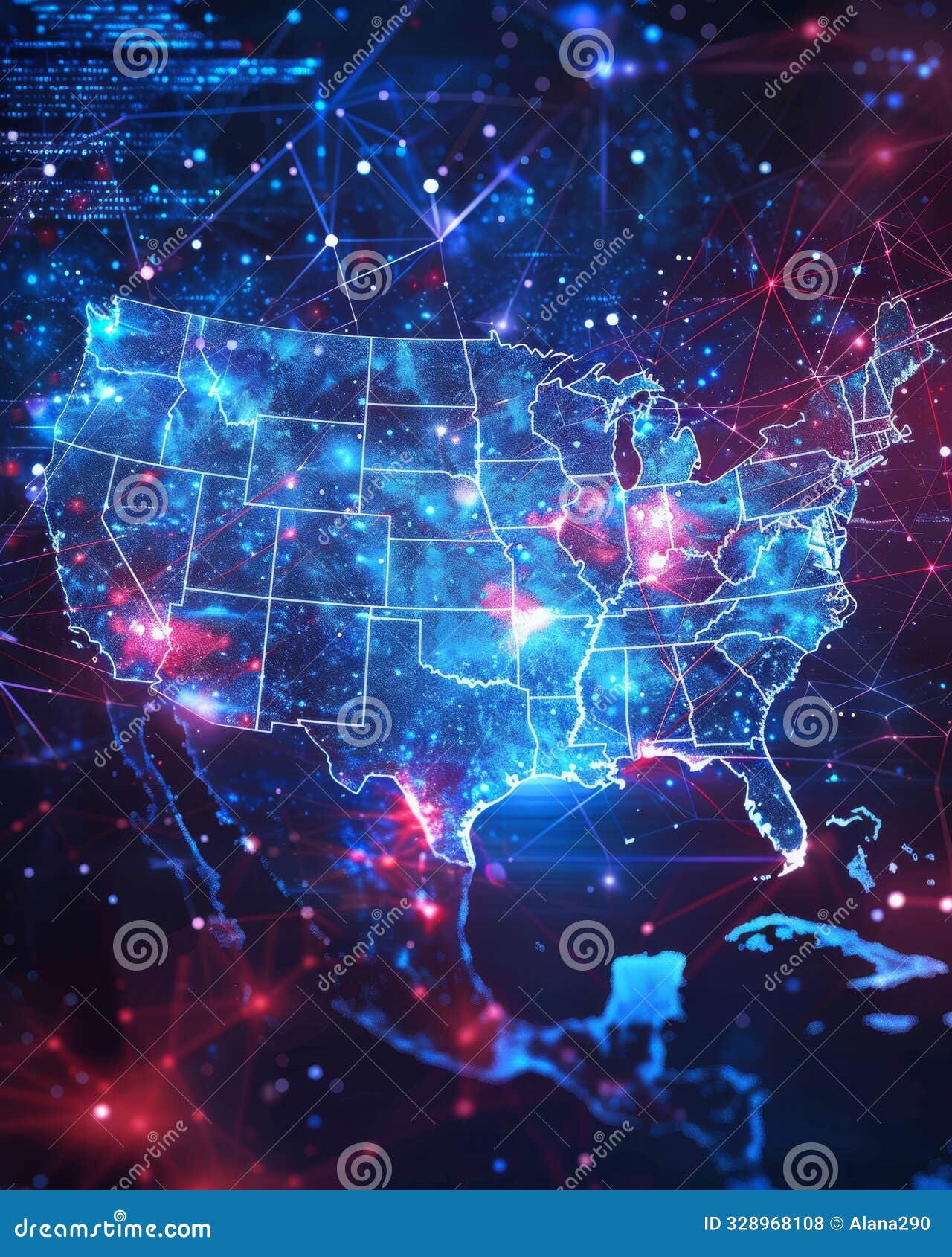 Futuristic Technology USA Map with Glowing Lights, Global Communication ...