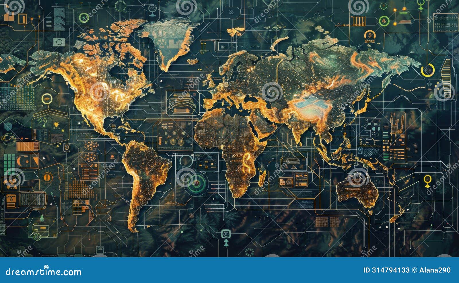 Futuristic Technology World Map with Glowing Lights, Global ...