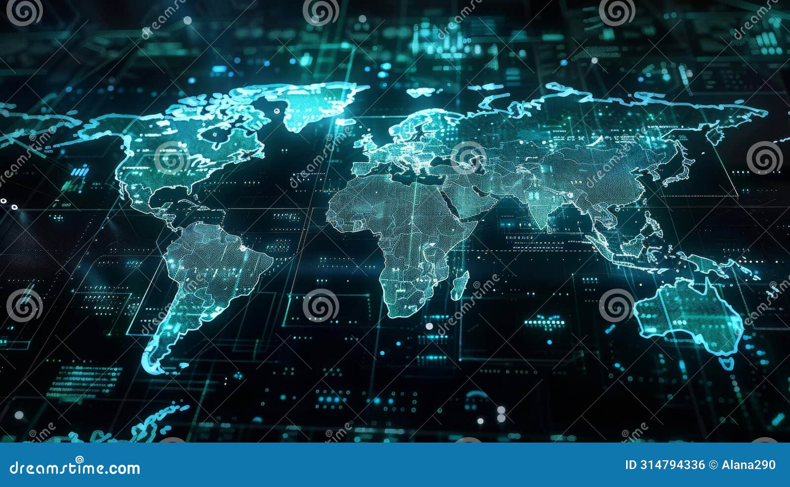 Futuristic Technology World Map with Glowing Lights, Global ...