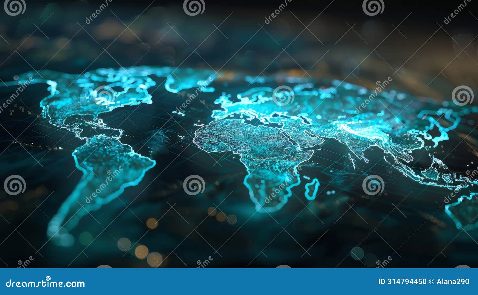 Futuristic Technology World Map with Glowing Lights, Global ...