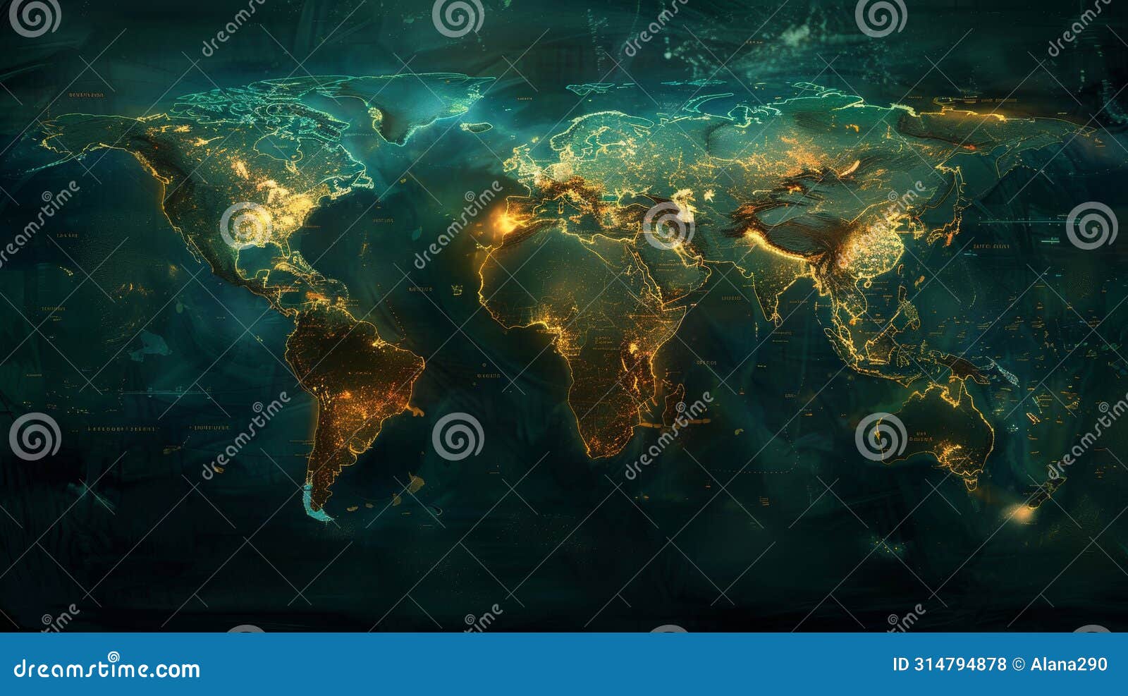 Futuristic Technology World Map with Glowing Lights, Global ...