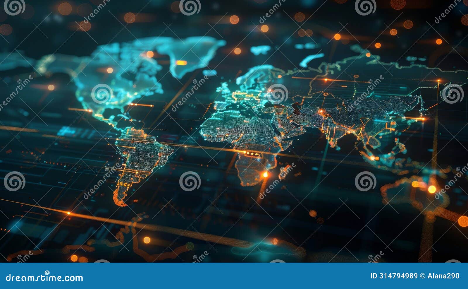 Futuristic Technology World Map with Glowing Lights, Global ...