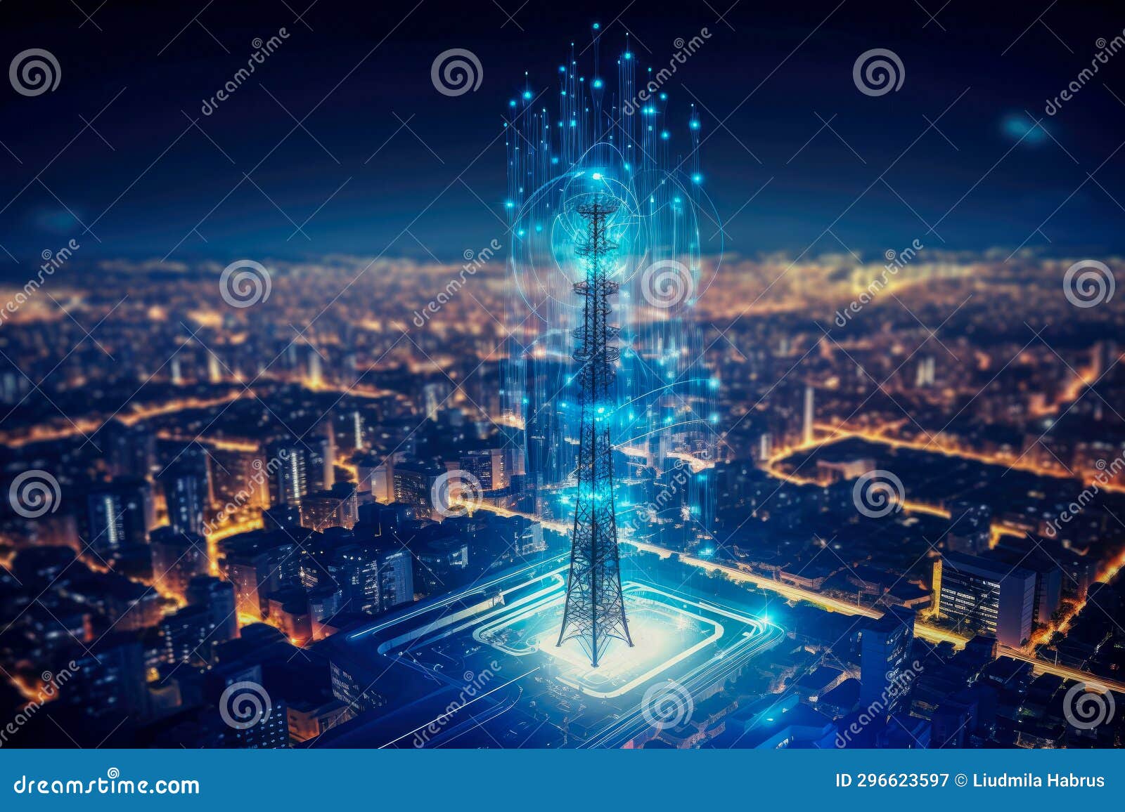Futuristic Telecommunication Tower with Blue Neon Lights. Stock Image ...