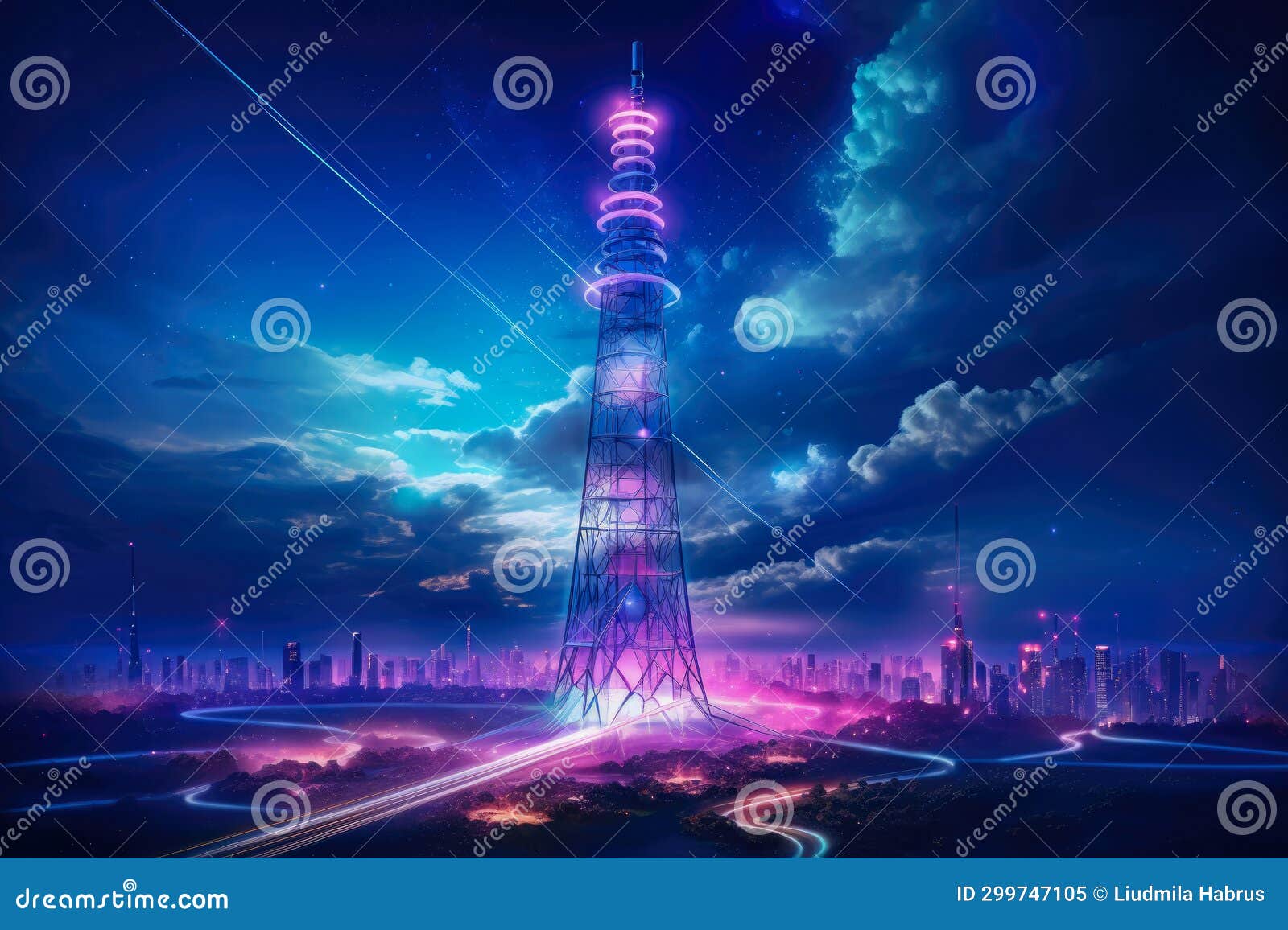 Futuristic Telecommunication Tower with Blue Neon Lights. Stock Image ...
