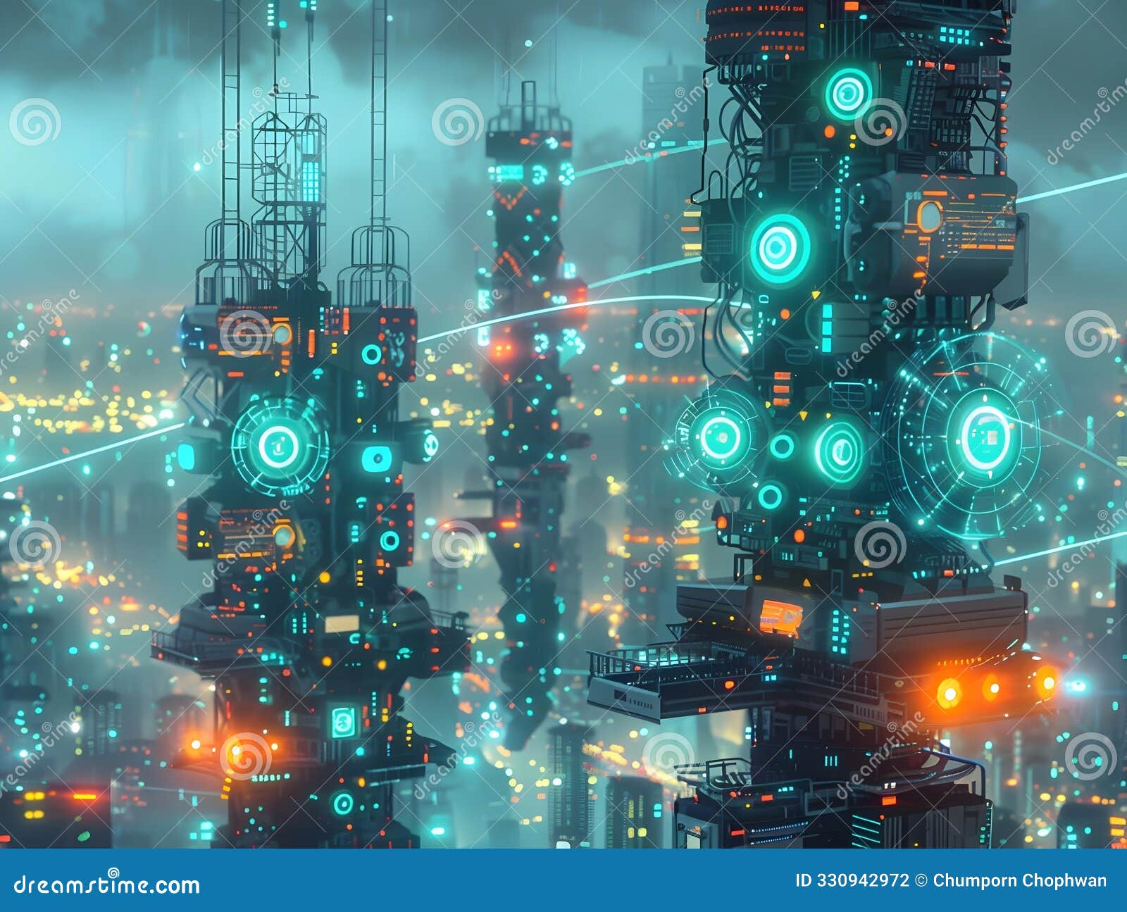 Futuristic Telecommunications Hub with Robotic Transmitters and ...