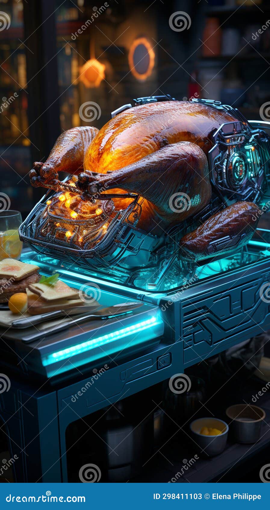 Futuristic Thanksgiven Dinner Table with Roasted Turkey and Vegetables ...