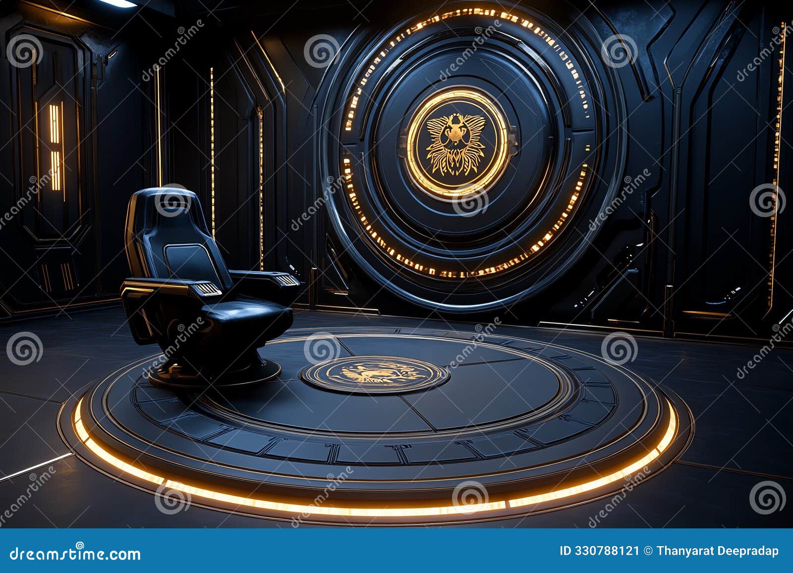 Futuristic Throne Room with LED Lighting, Modern Black Chair, and Circular Central Platform ...