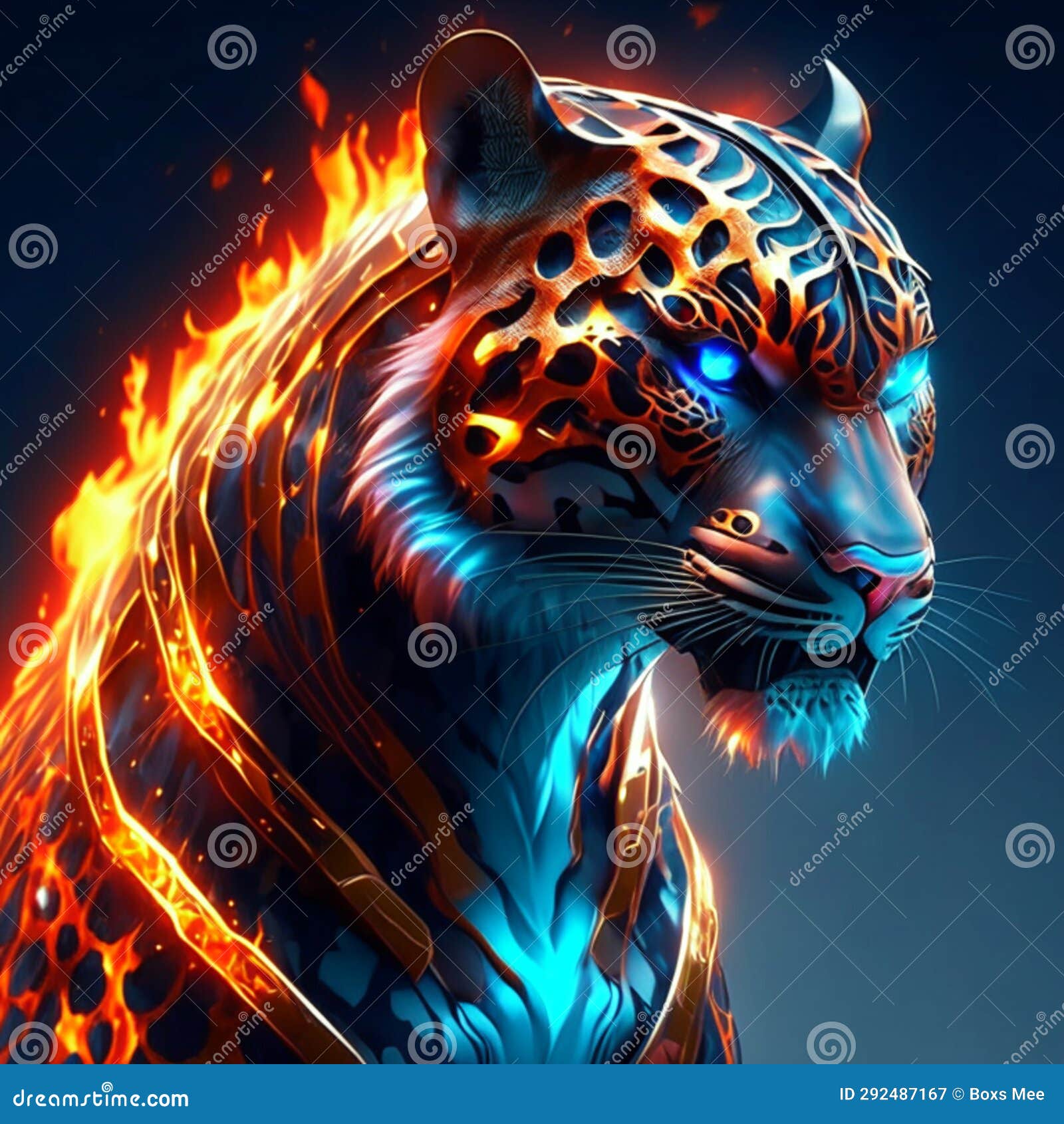 Futuristic Tiger with Fire Flames on a Dark Background. 3d Rendering ...