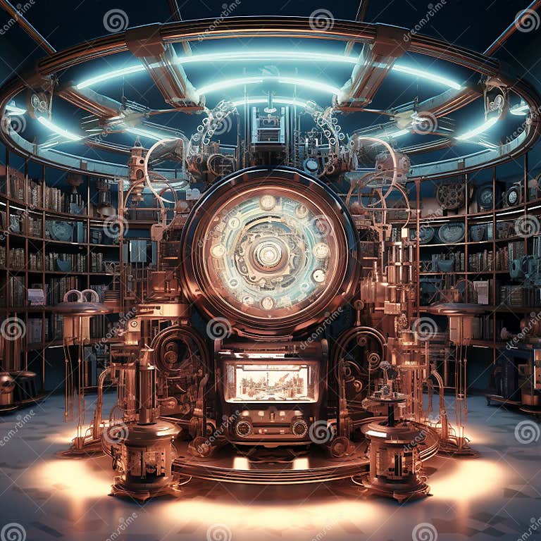 Futuristic Time Machine Surrounded by a Gallery of Vintage Tech and ...