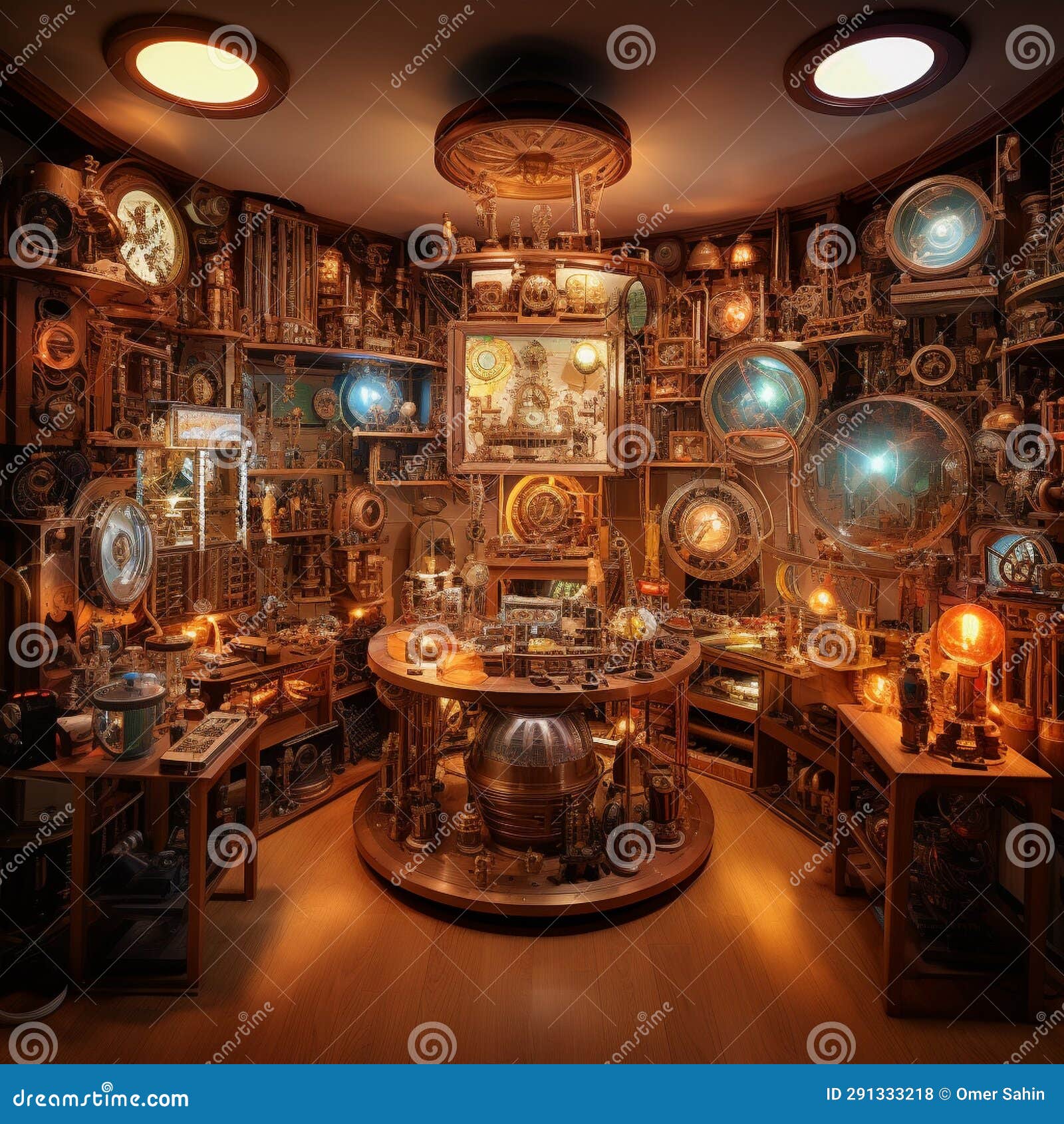 Futuristic Time Machine Surrounded by a Gallery of Vintage Tech and ...