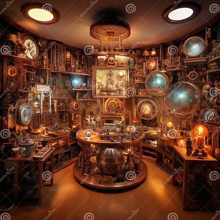 Futuristic Time Machine Surrounded by a Gallery of Vintage Tech and ...
