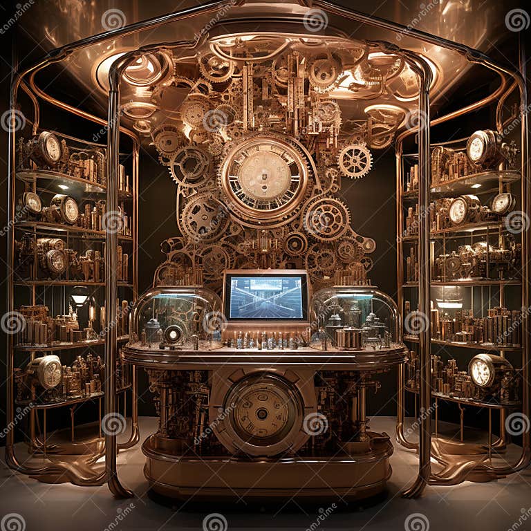 Futuristic Time Machine Surrounded by a Gallery of Vintage Tech and ...