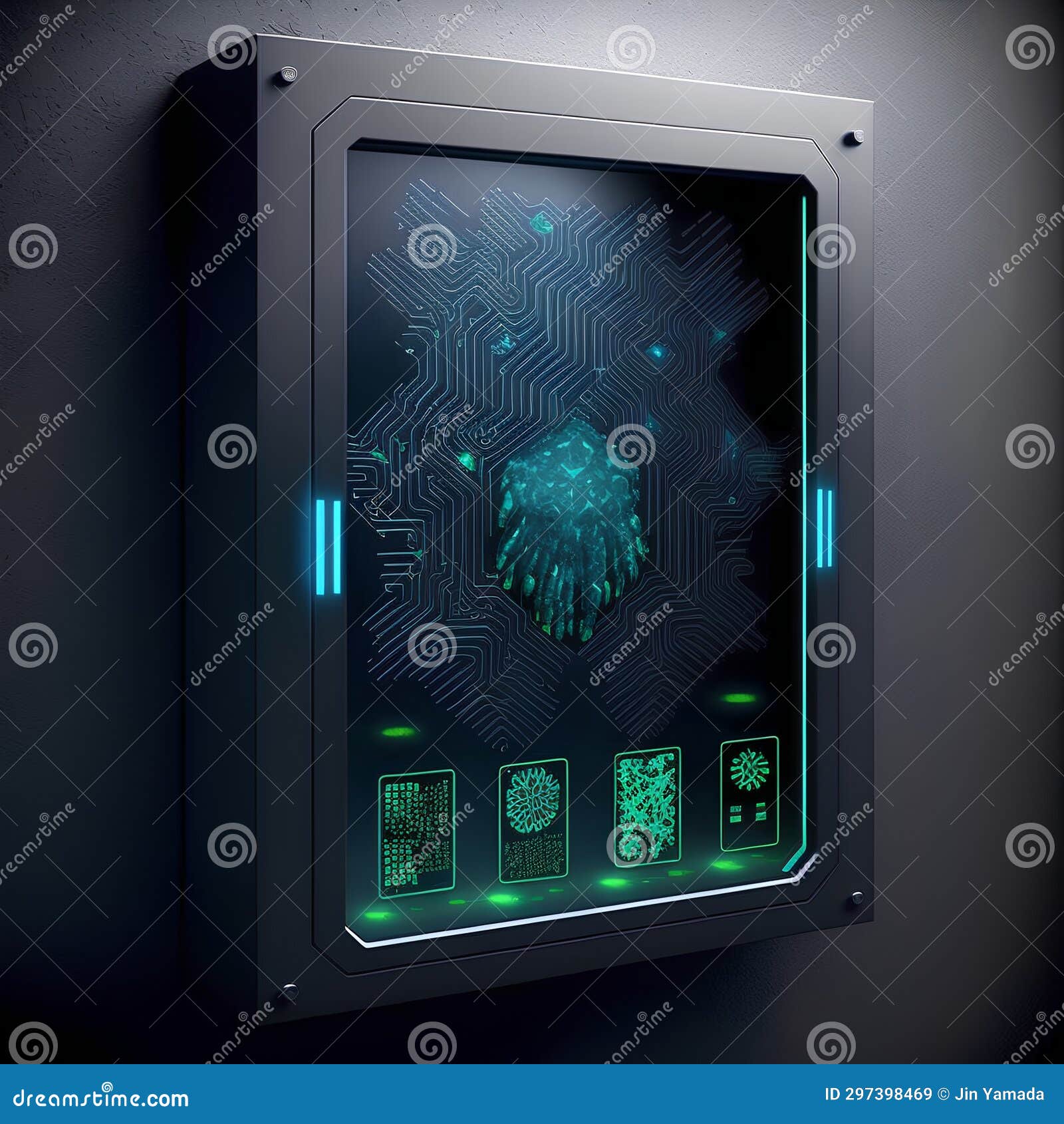 Futuristic Touch Screen Display with Circuit Board on Wall, 3d Render ...
