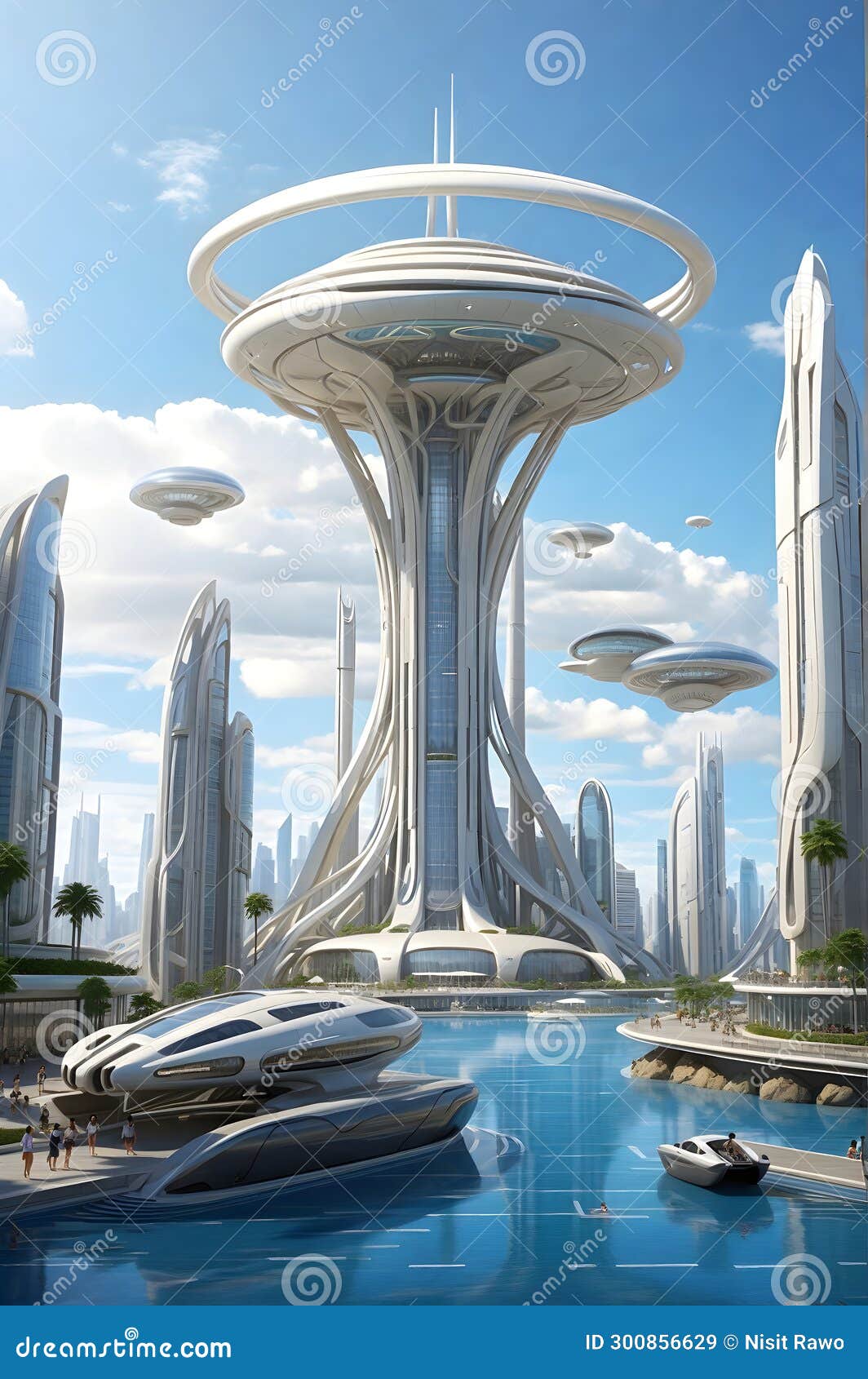 Futuristic Tower Skyscrapers with Skycrafts Stock Image - Image of ...