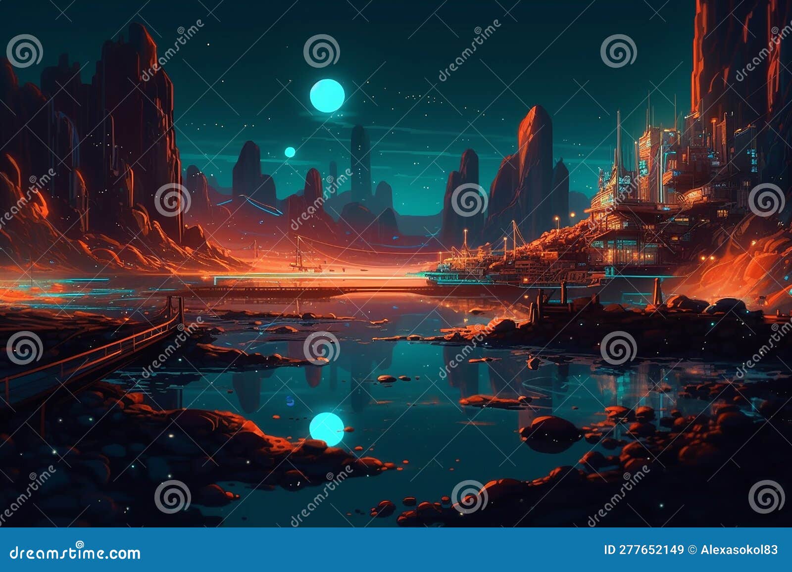 Futuristic, Town with Neon Lights on Edge of Calm Reflecting Lake on ...
