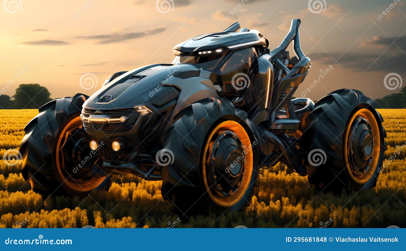 Futuristic Tractor Gliding On Holographic Road. Concept Futuristic ...