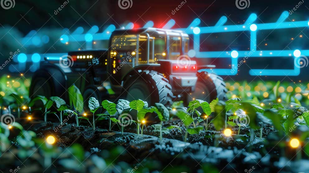 Futuristic Tractor Working in a High-tech Field with Glowing Data ...