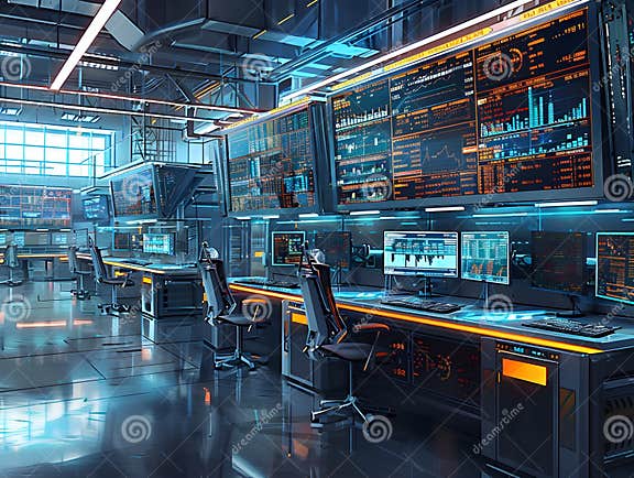 Futuristic Trading Floor with AI Powered Computer Terminals and Real ...