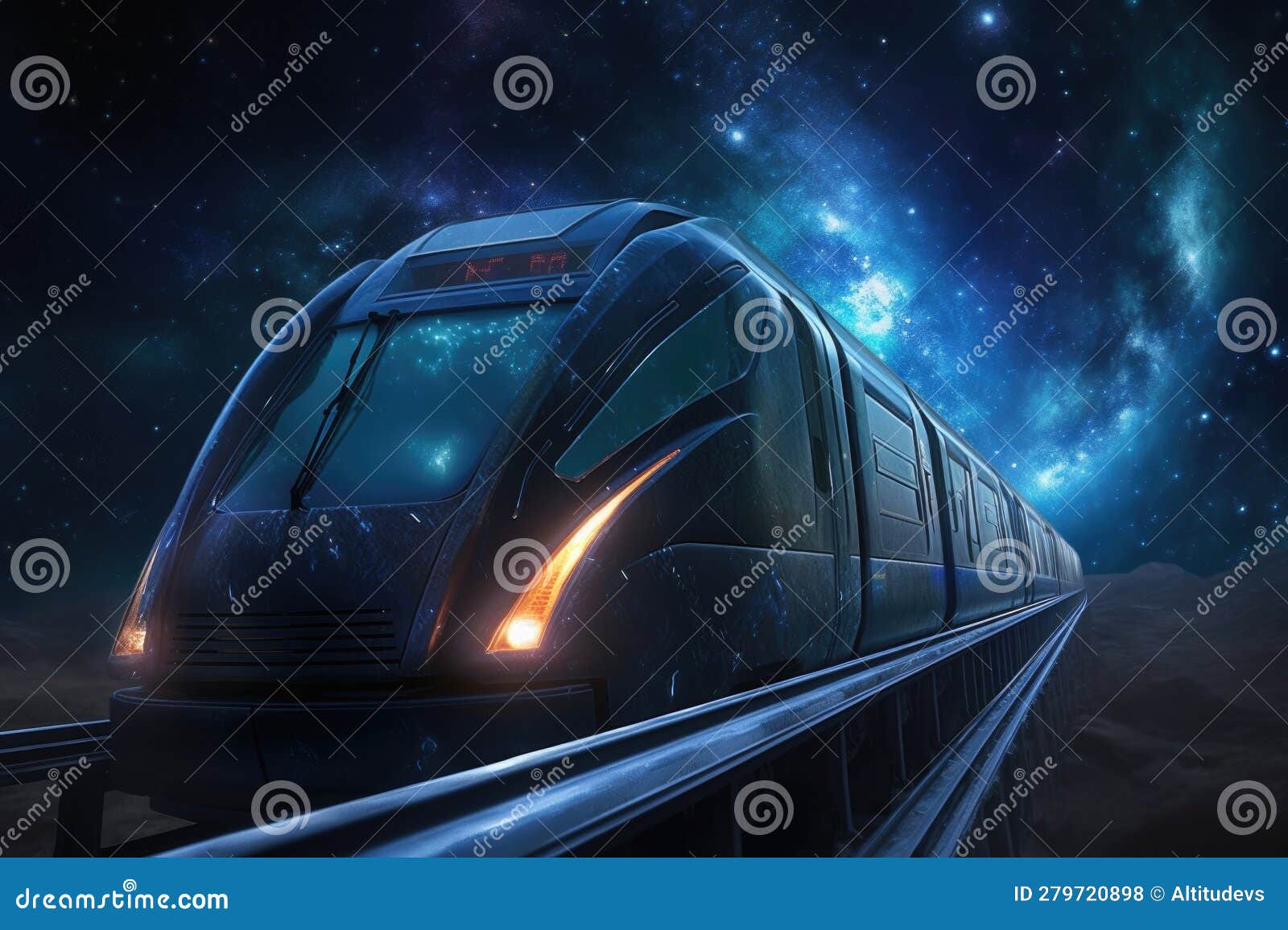 Futuristic Train, with Alien Passengers Speeding through the Starry ...