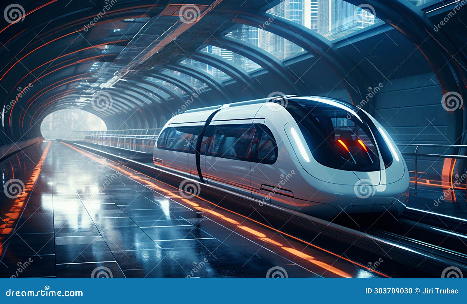 A Futuristic Train Cabin Levitates through a Tunnel. Stock Illustration ...