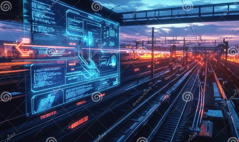 Futuristic Train and Digital Interface at Sunset Stock Photo - Image of ...