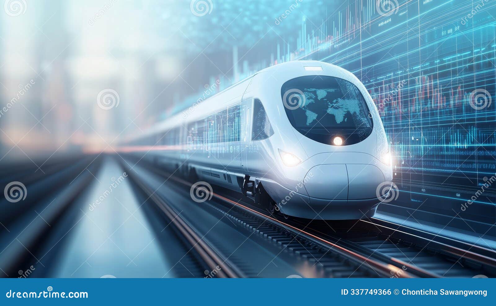 Futuristic Train in Motion on a High-speed Rail Surrounded by Digital ...