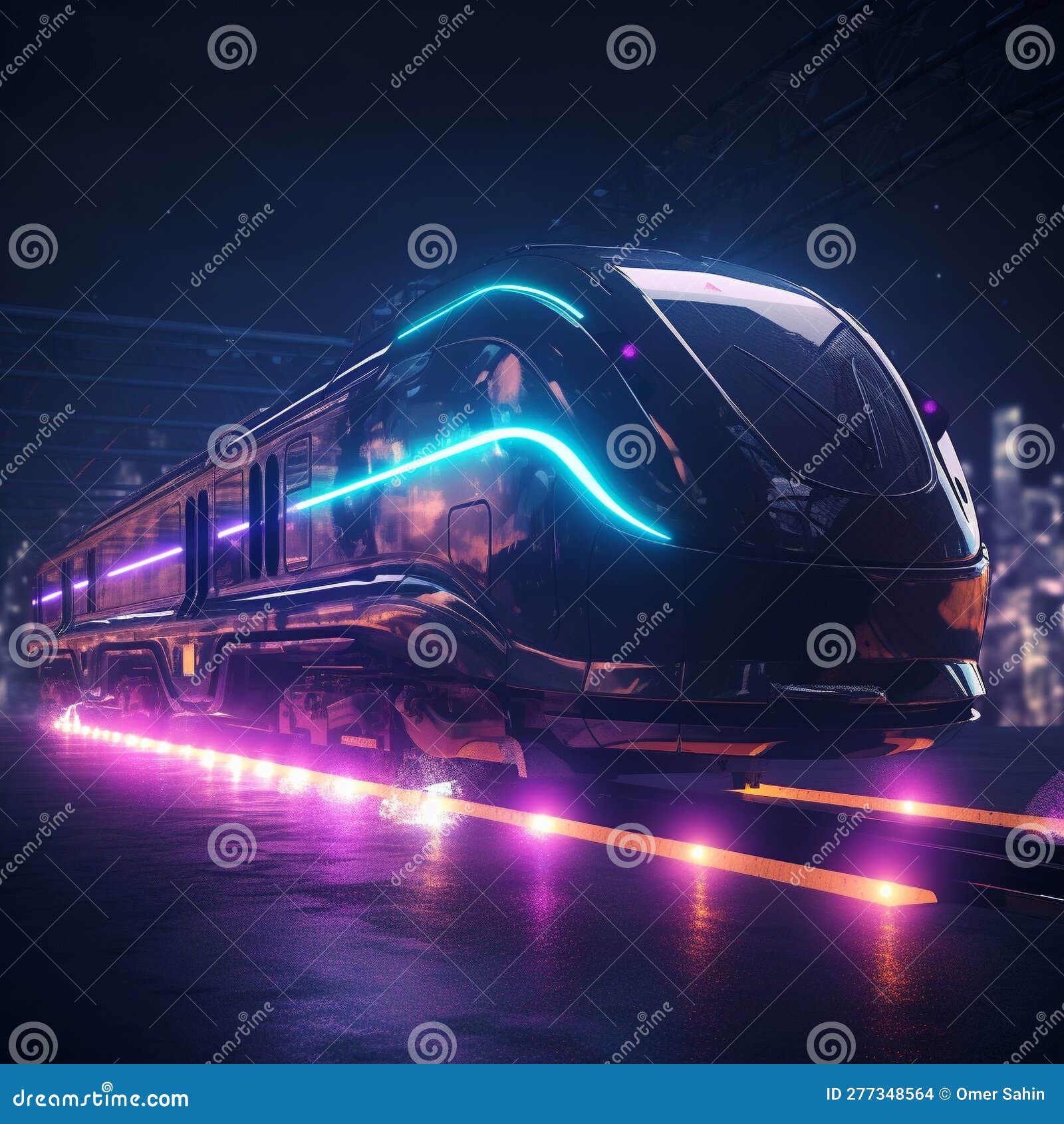 Futuristic Train with Neon Lights Stock Illustration - Illustration of ...