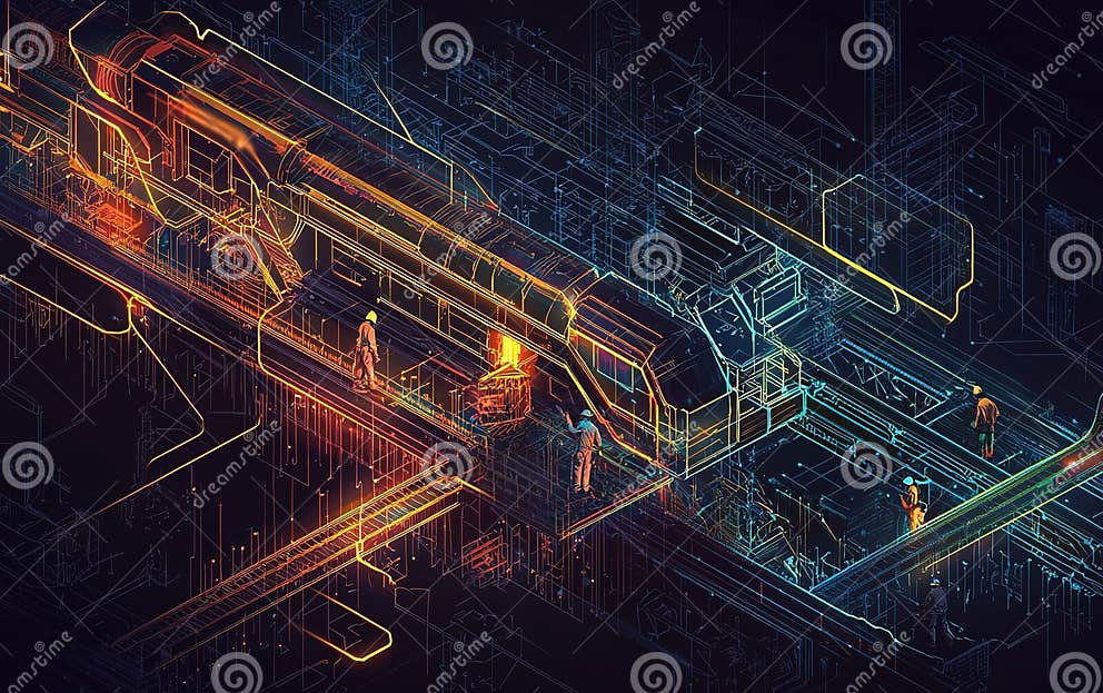 A Futuristic Train Station with Digital Engineers Working on ...