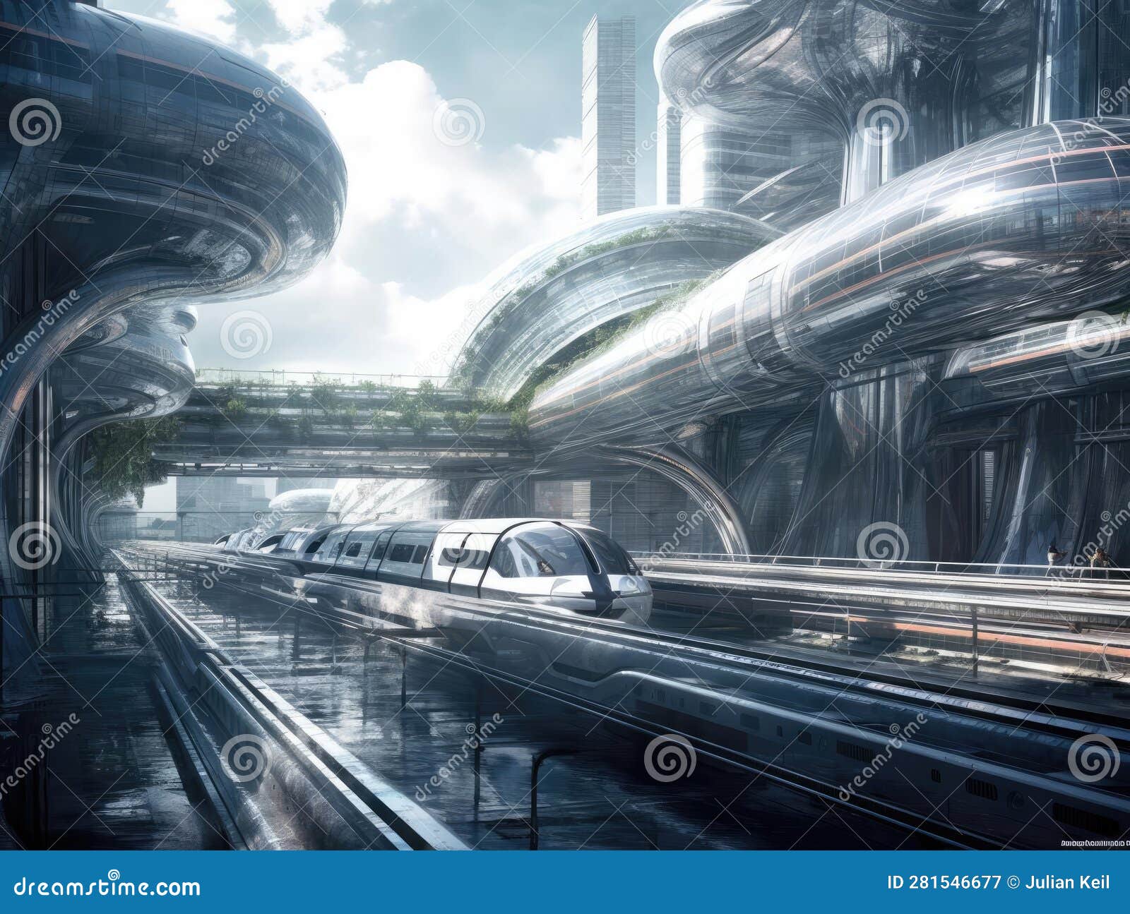 Futuristic Train Station with Floating Platforms and Cityscape Stock ...