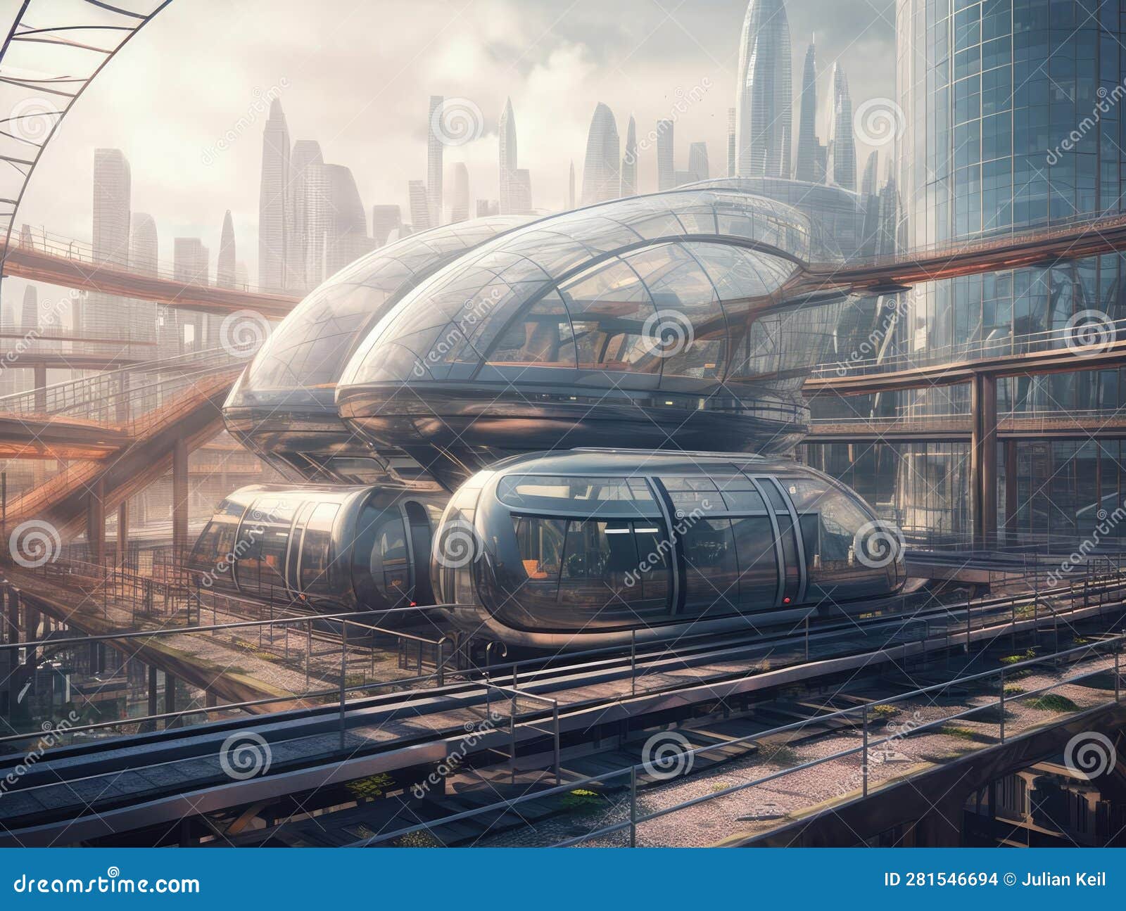 Futuristic Train Station with Floating Platforms and Cityscape Stock ...