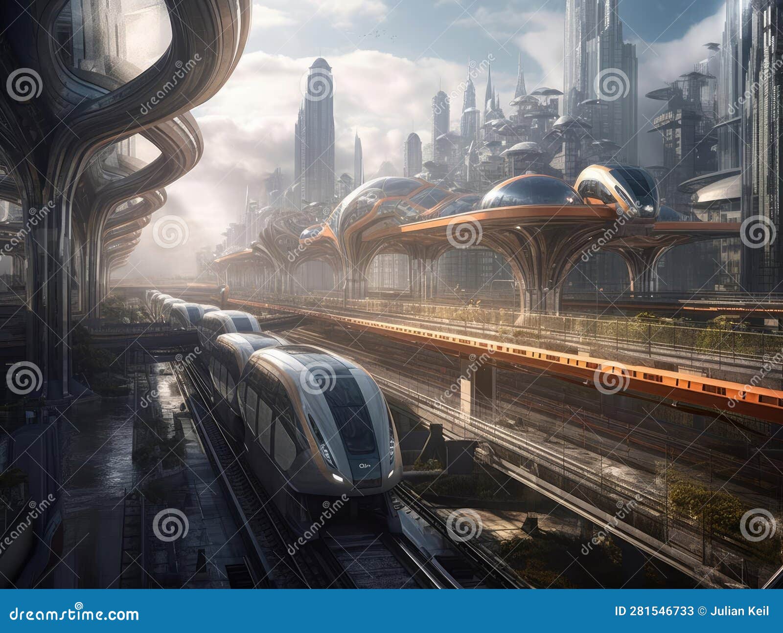 Futuristic Train Station with Floating Platforms and Cityscape Stock ...