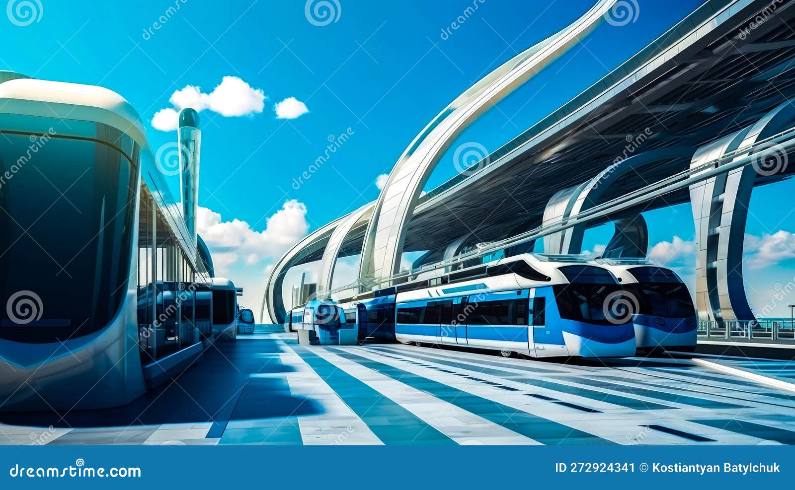 Futuristic Train Station with Two Trains Passing Each Other. Generative ...
